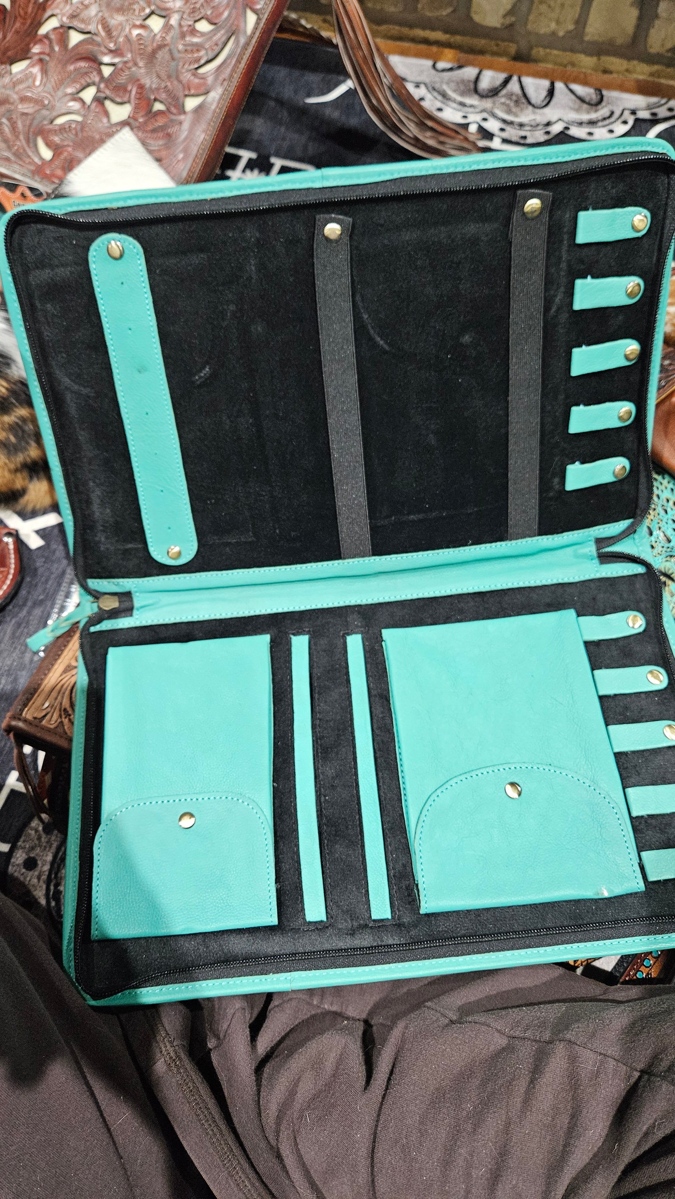 BIG 16" Tooled Turquoise Cowhide Leather Jewelry Folder – Backwoods ...